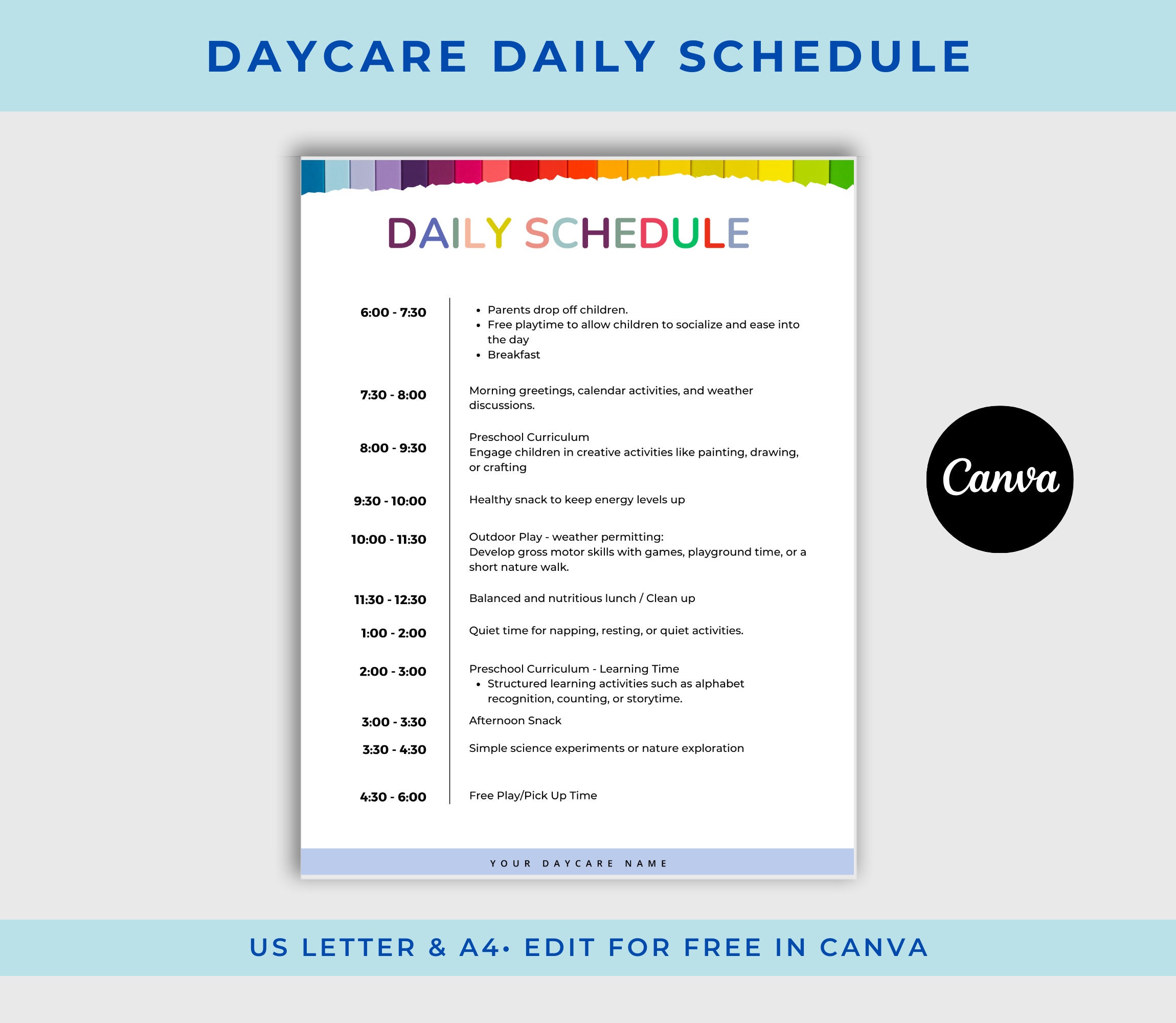 Daycare Daily Schedule Printable, Daycare Forms, Daycare Hourly ...