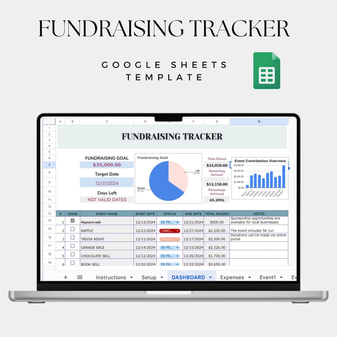 Fundraiser Tracker Google Sheets, Fundraising Tracker Spreadsheet - Etsy