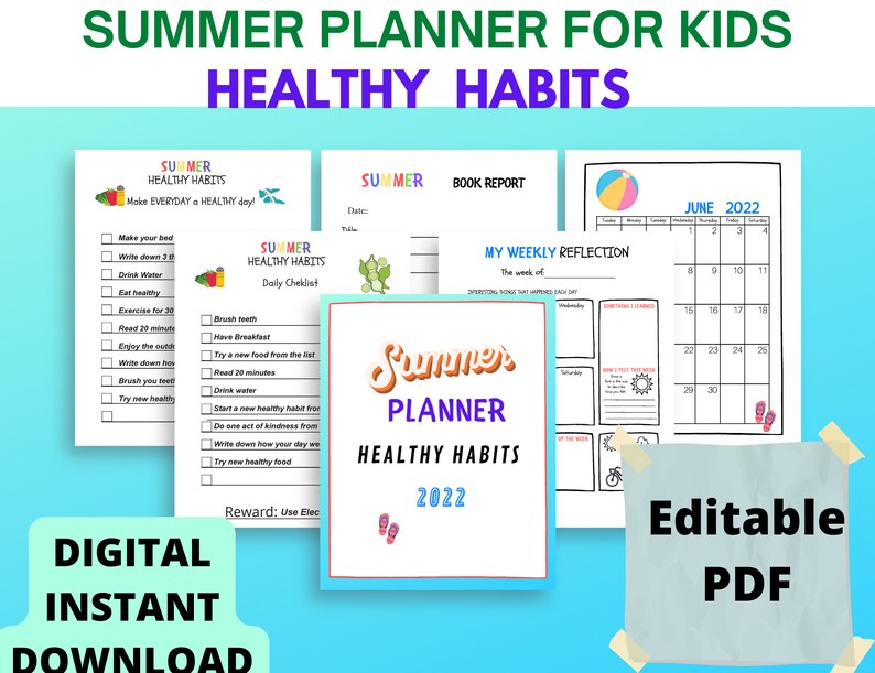 Printable SUMMER Planner Editable for Kids Healthy Habits | Etsy