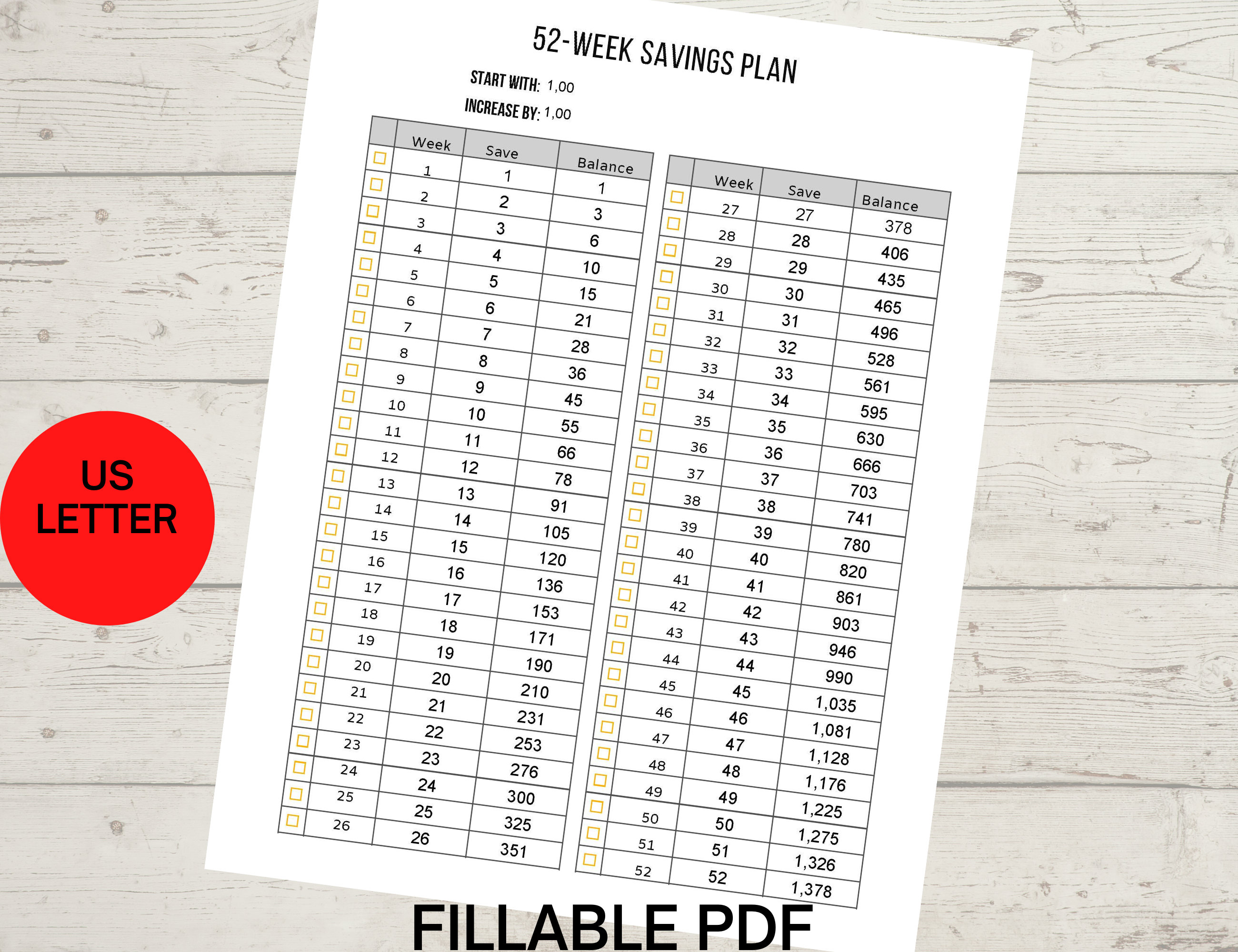 52 Week Savings Challenge, 52 Week Savings Plan Fillable, Printable - Etsy