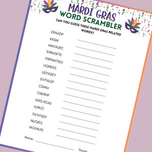 Mardi Gras Word Scramble Printable Game, Mardi Gras Party Game - Etsy