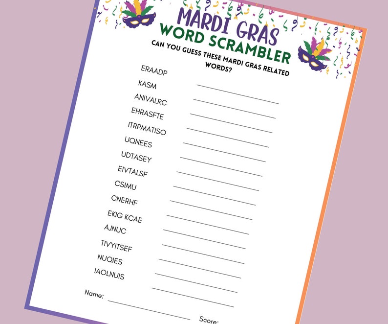 Mardi Gras Word Scramble Printable Game, Mardi Gras Party Game - Etsy