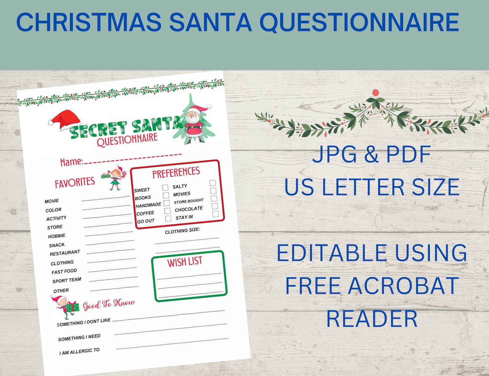 Secret Santa Questionnaire Printable, Secret Santa Form, Christmas Gift ...