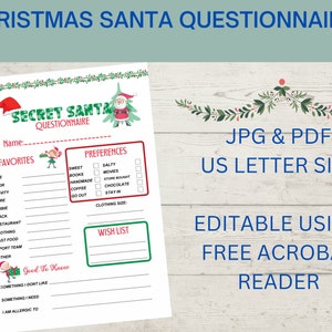 Secret Santa Questionnaire Printable, Secret Santa Form, Christmas Gift ...
