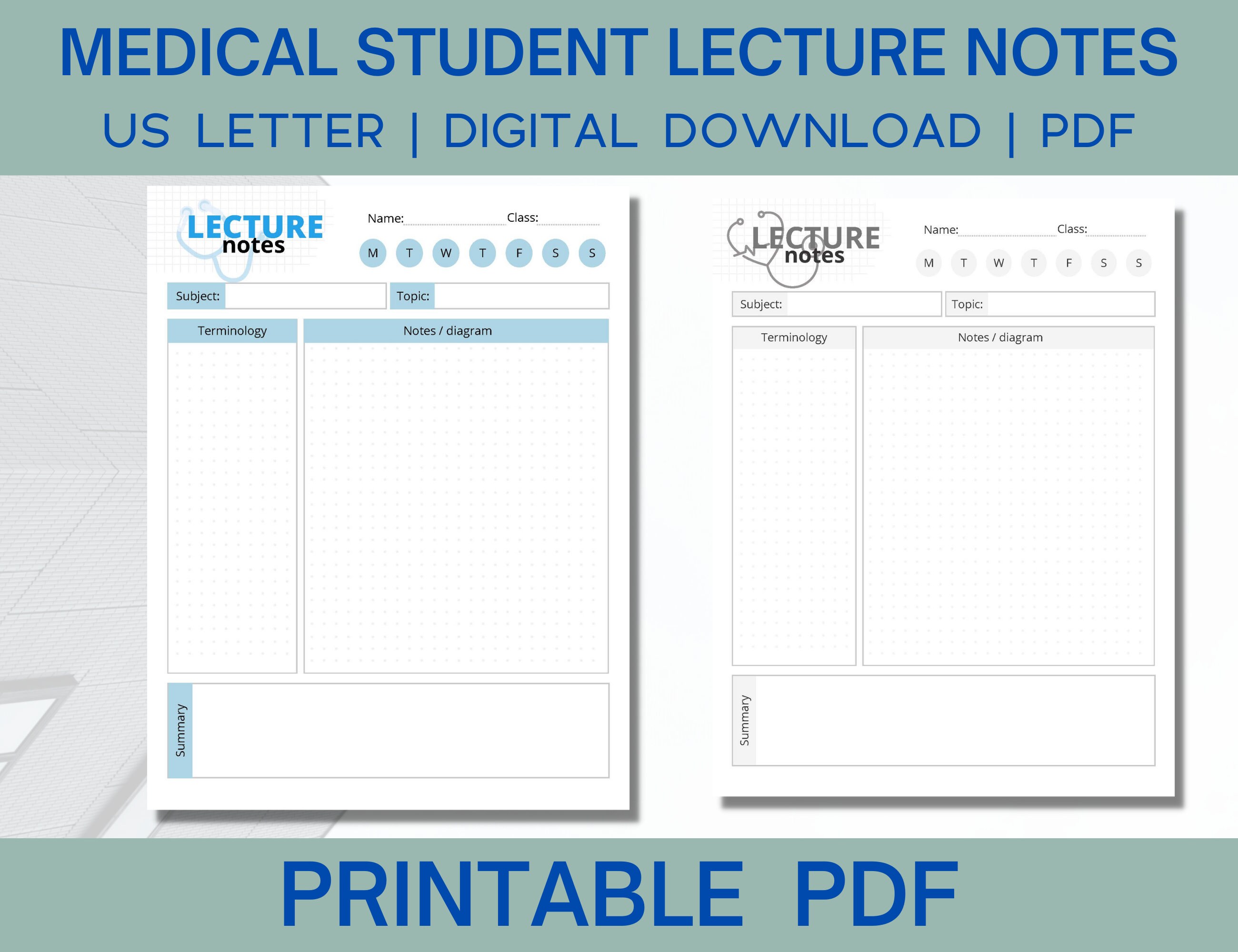 Medical Student Lecture Notes Template for College Printable, Digital ...