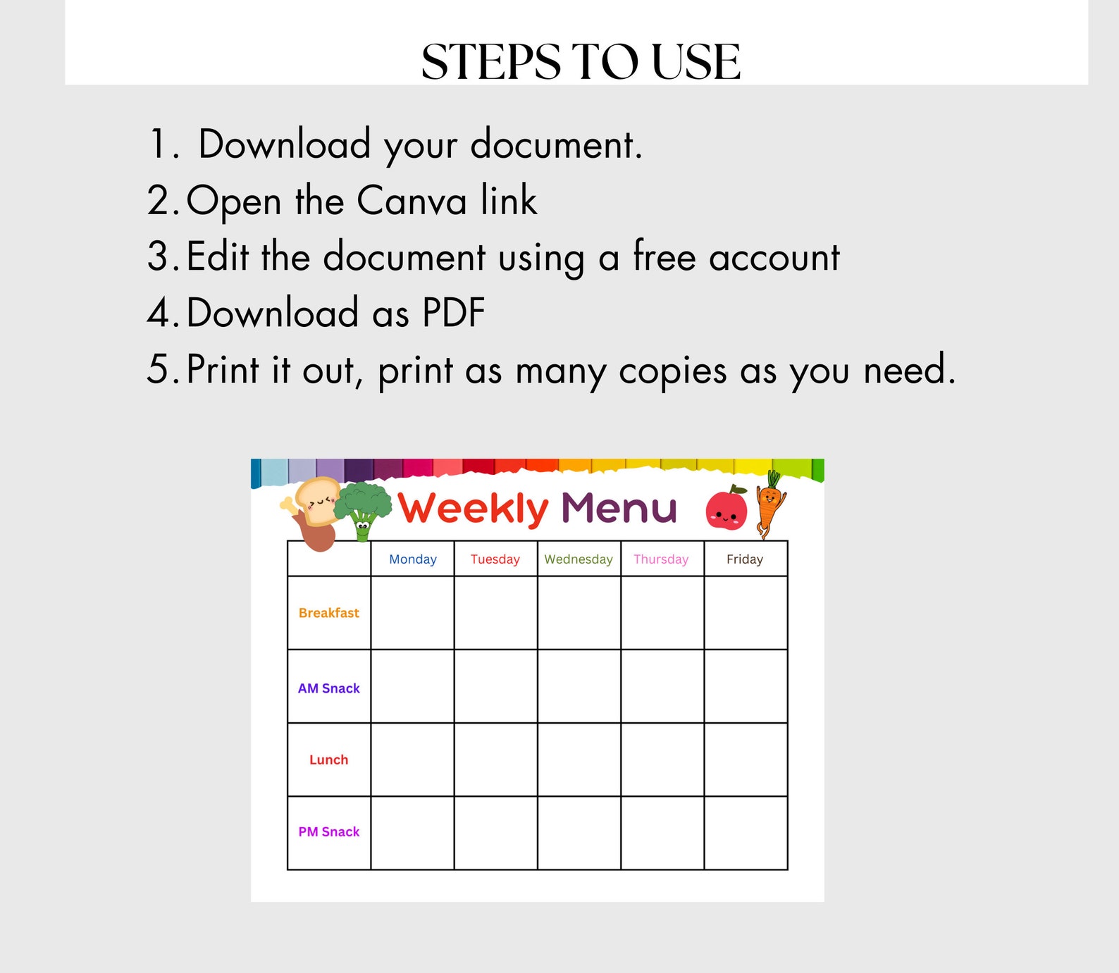 Daycare Weekly Menu Printable, Daycare Meal Menu, Editable Menu ...