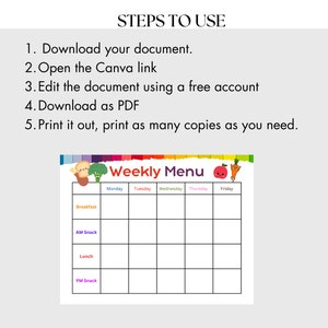 Daycare Weekly Menu Printable, Daycare Meal Menu, Editable Menu ...