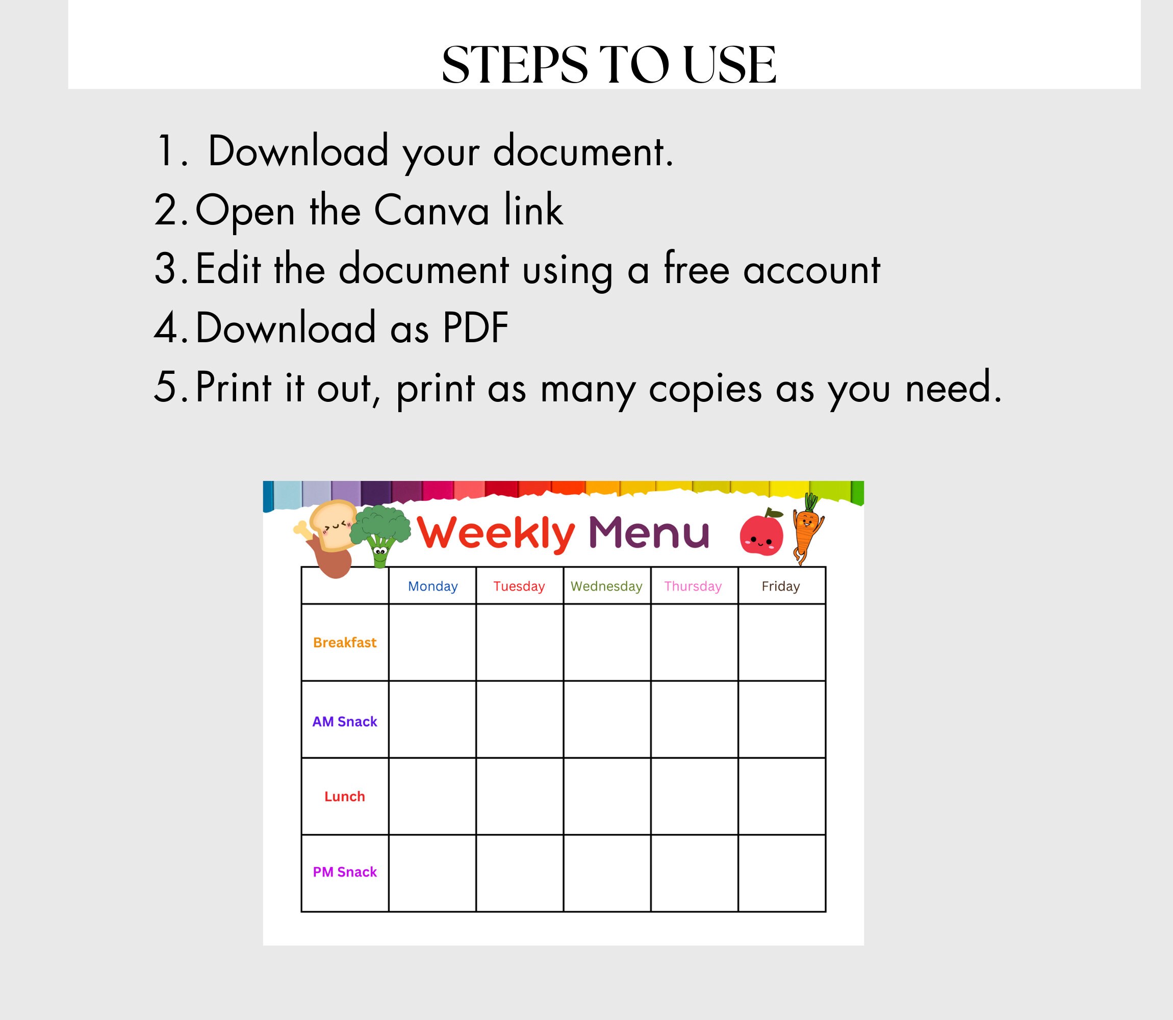Daycare Weekly Menu Printable, Daycare Meal Menu, Editable Menu ...