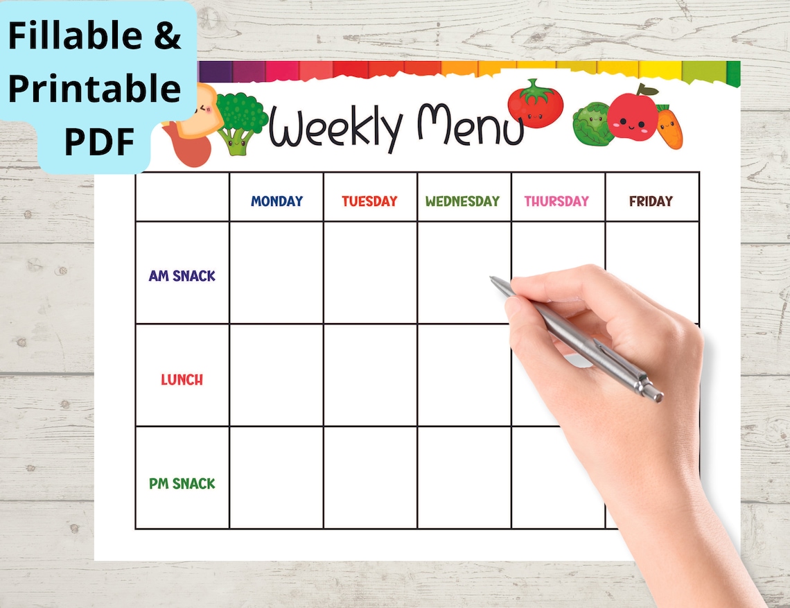 Daycare Weekly Menu Printable, Daycare Meal Menu, Editable Menu ...