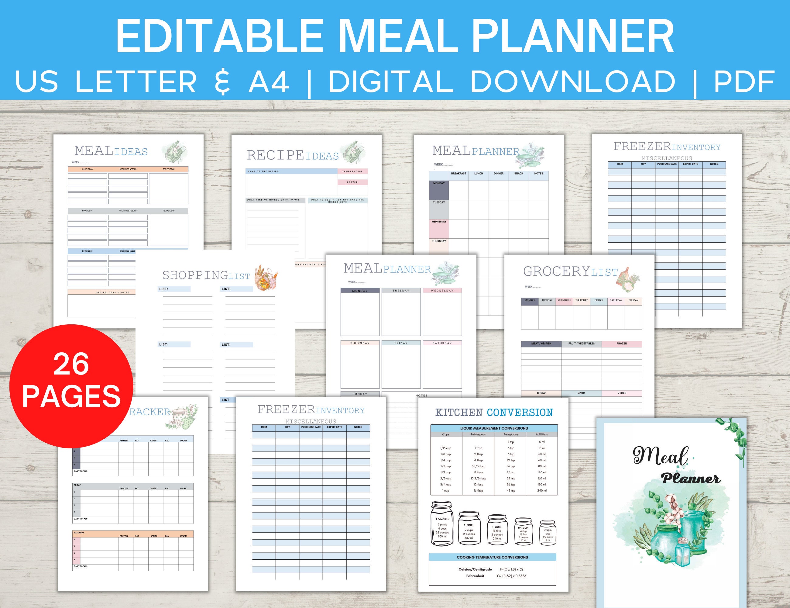 Meal Planner Printable and Editable, Weekly Meal Planner, Grocery List ...