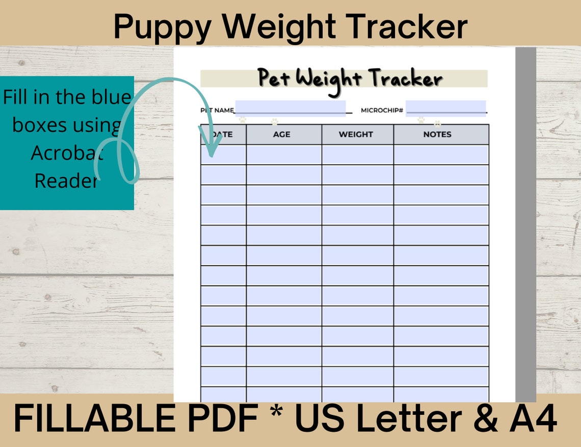 Puppy Weight Chart, Pet Weight Chart for Dog or Cat Editable, Printable ...