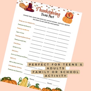 Thanksgiving Think Fast Game, Thanksgiving Printable Game, Icebreaker ...