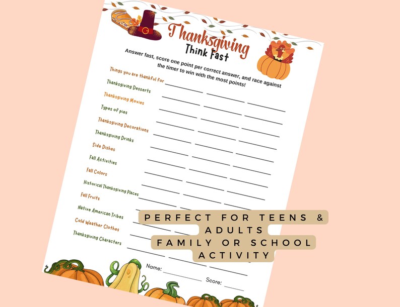 Thanksgiving Think Fast Game, Thanksgiving Printable Game, Icebreaker ...