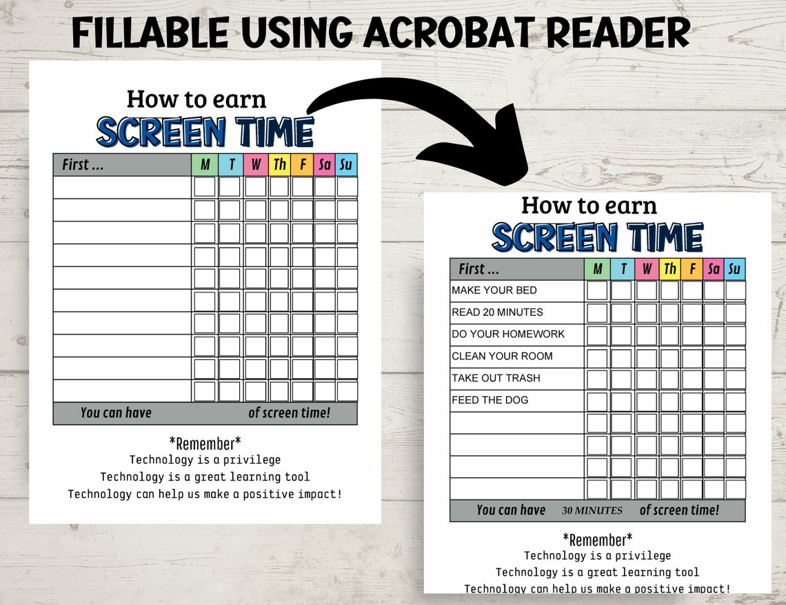 Screen Time Rules Editable Screen Time Chore Chart Fillable - Etsy