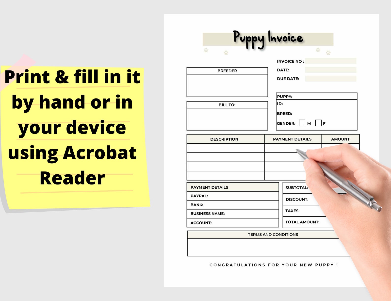Puppy Invoice and Receipt, Fillable Dog Breeder Forms, Puppy Bill ...