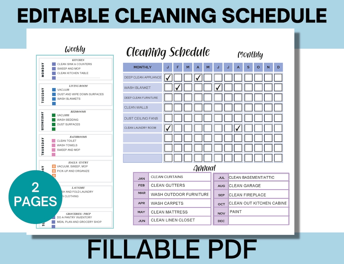 Cleaning Tracker Yearly Editable and Family Cleaning Chores, Includes ...