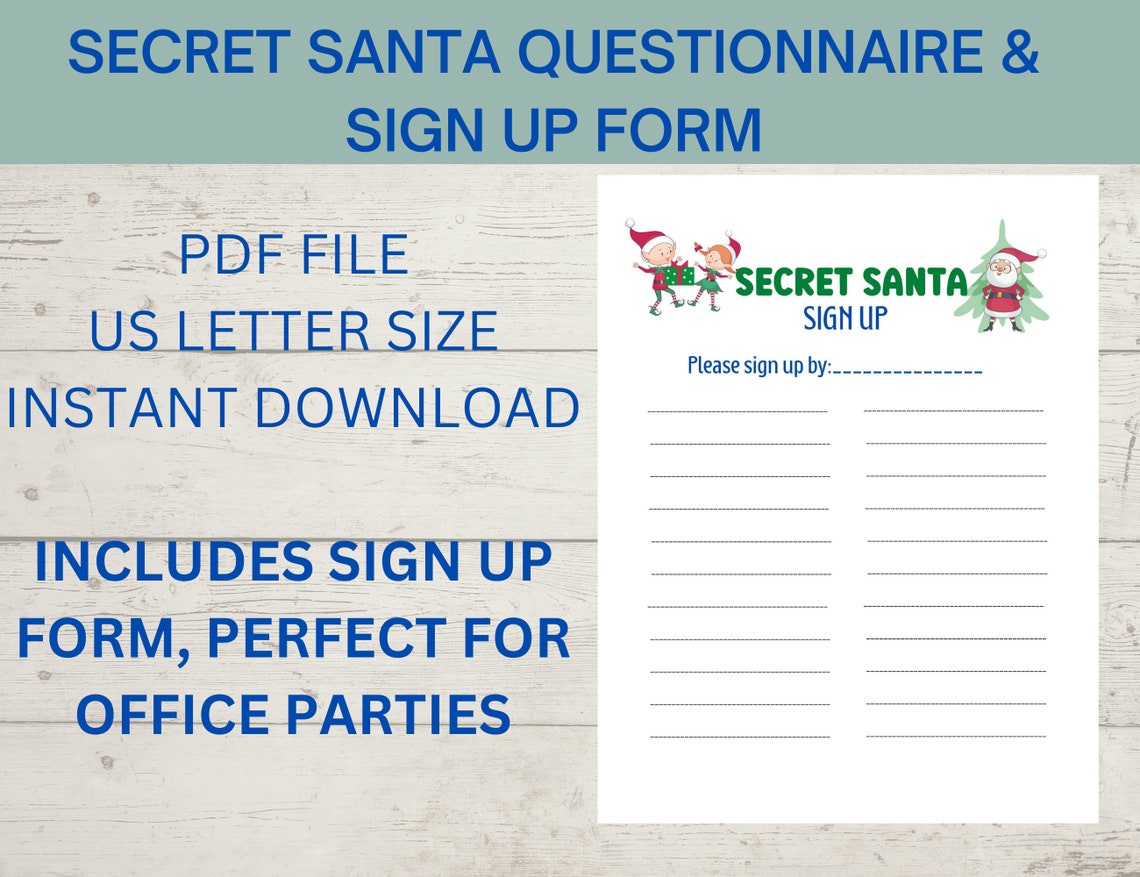 Secret Santa Questionnaire and Sign up Form Printable, Secret Santa ...
