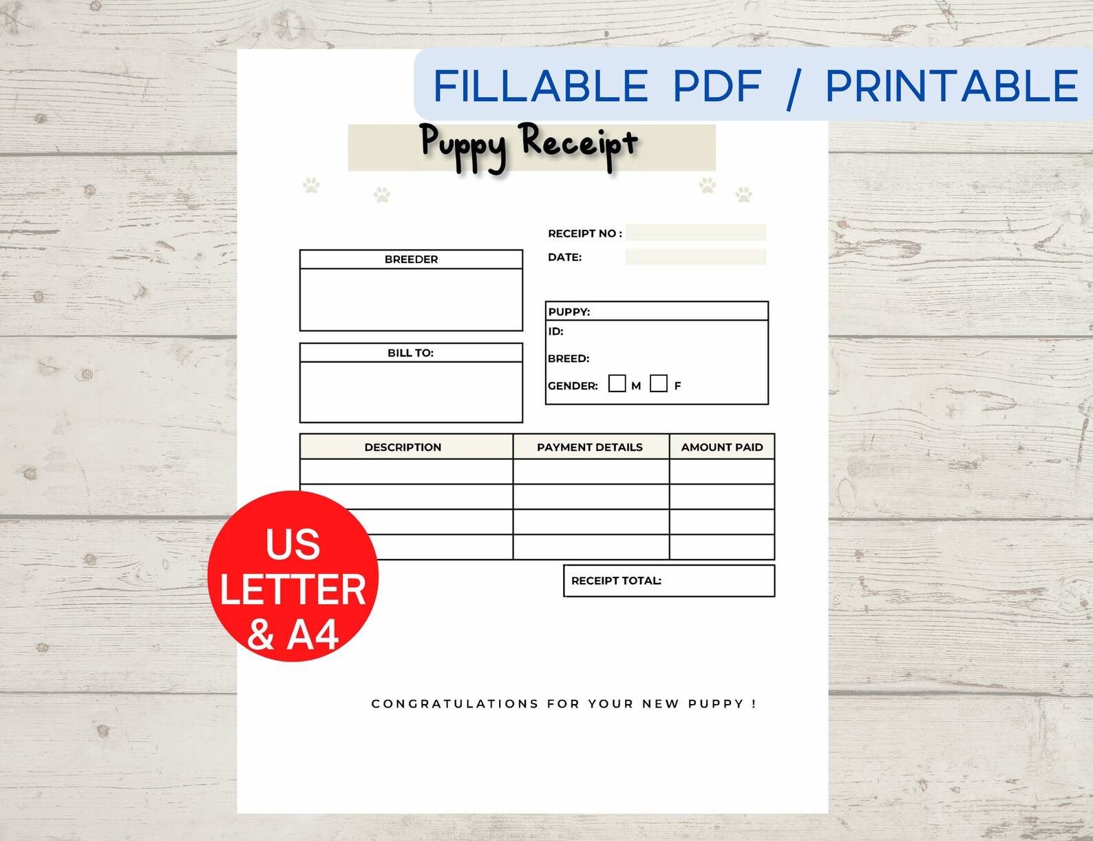 Puppy Invoice and Receipt, Fillable Dog Breeder Forms, Puppy Bill - Etsy