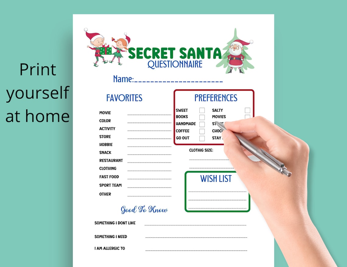 Secret Santa Questionnaire and Sign up Form Printable, Secret Santa ...