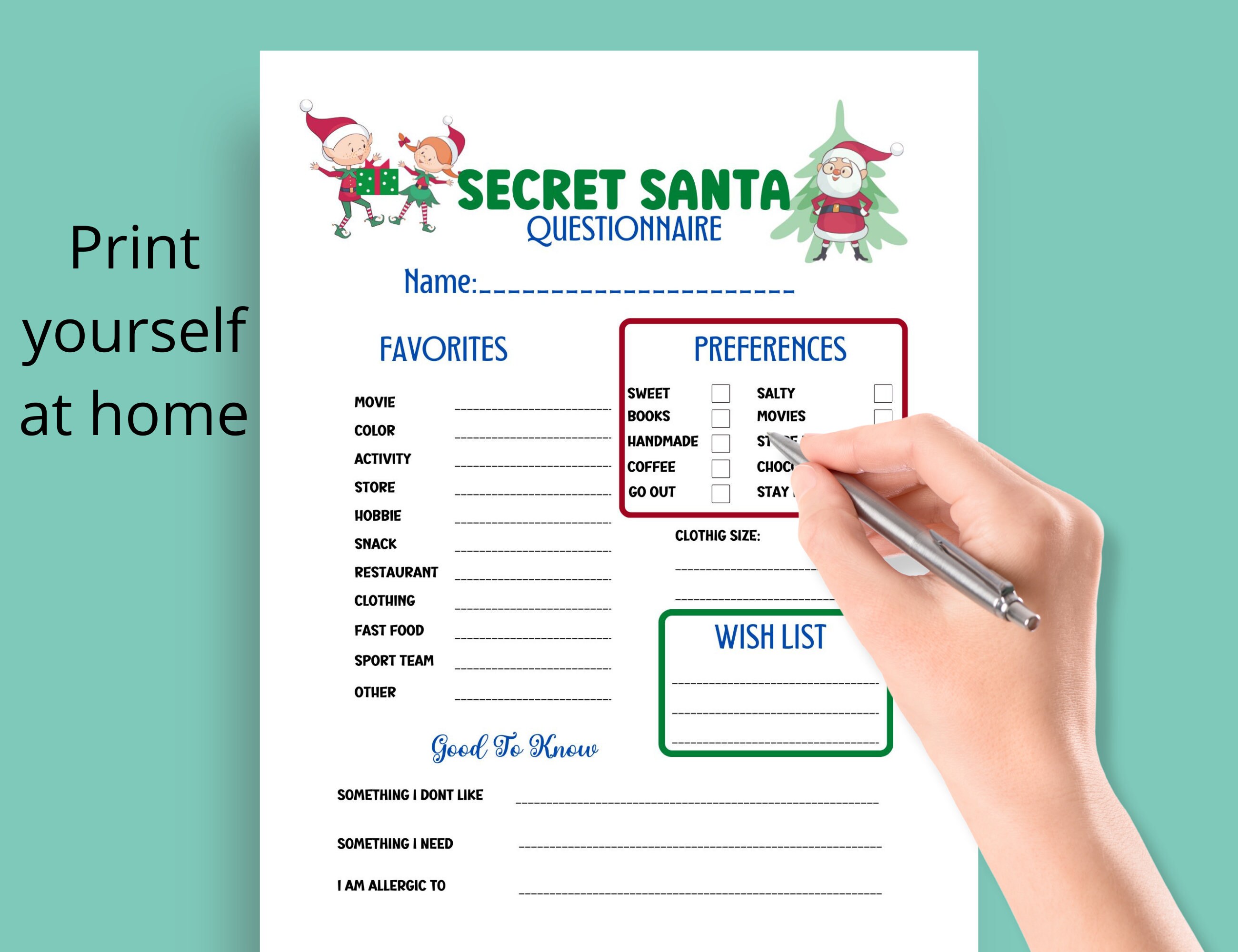 Secret Santa Questionnaire and Sign up Form Printable, Secret Santa ...