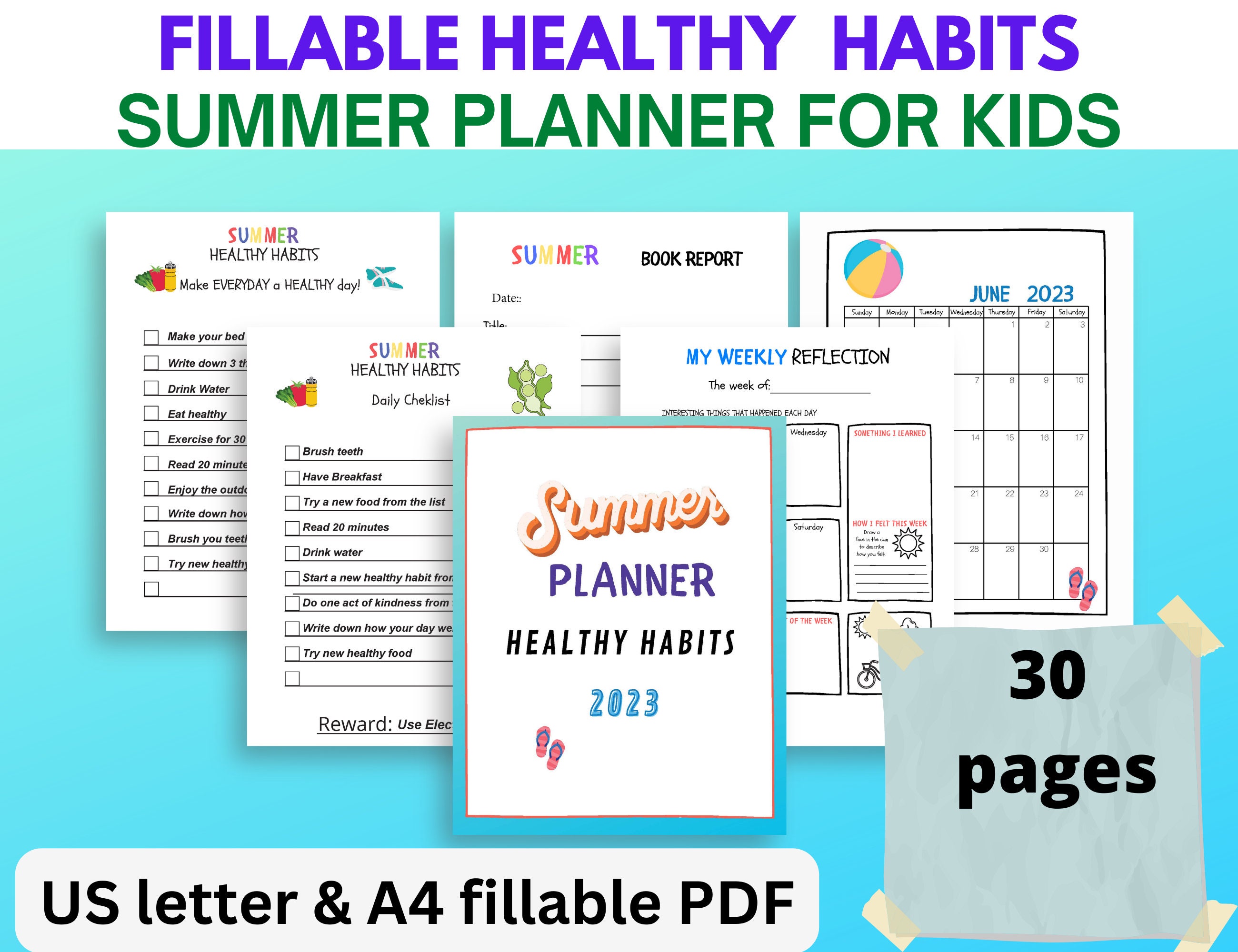 Printable SUMMER Planner Editable for Kids Healthy Habits Summer ...