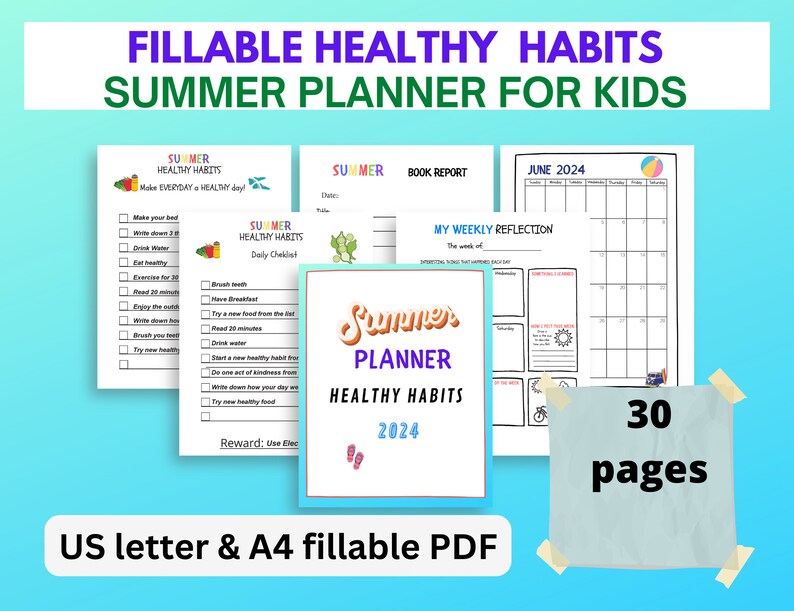 Printable SUMMER Planner Editable for Kids Healthy Habits | Summer ...
