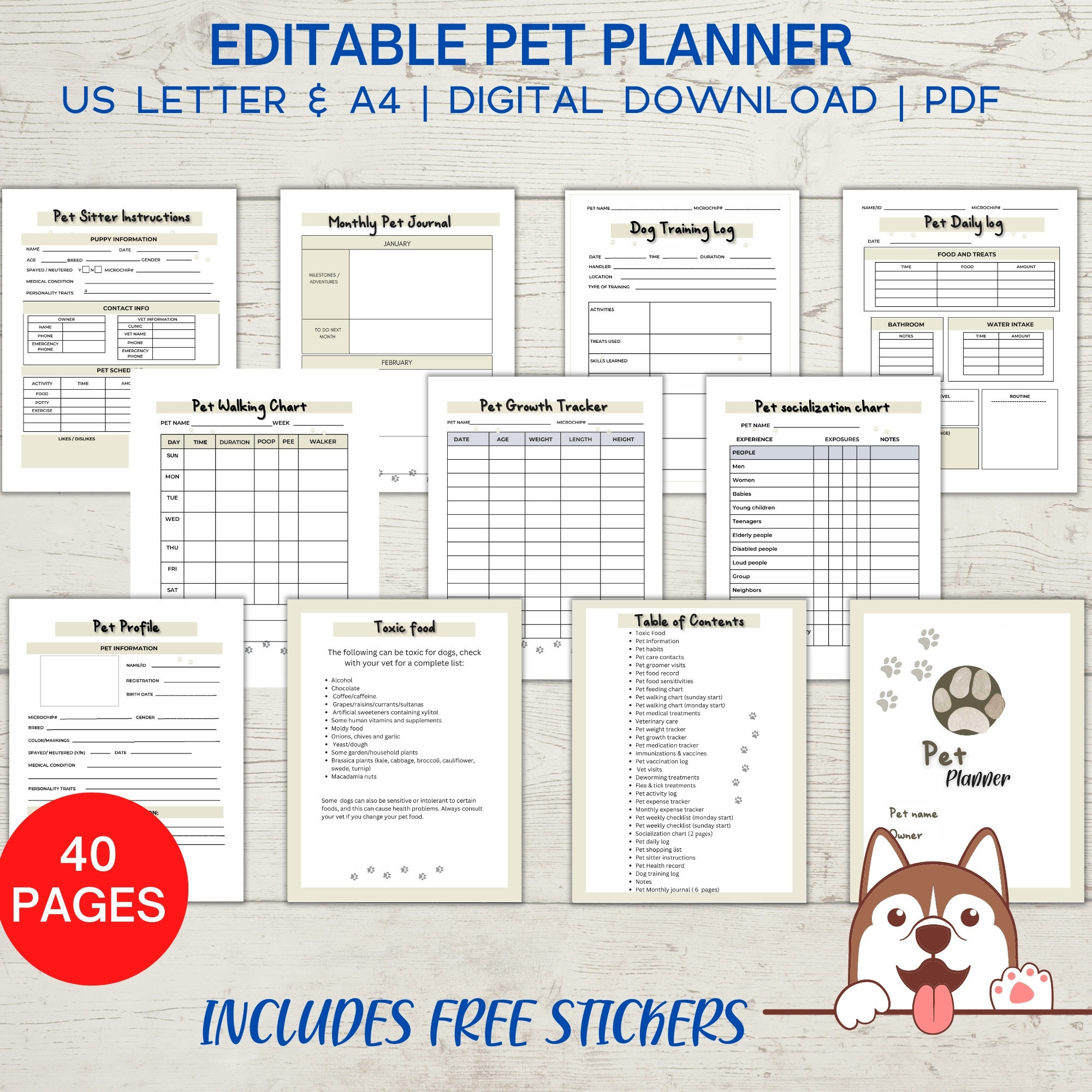 Pet Planner Printable and Editable, Puppy Planner, Pet Care Planner ...