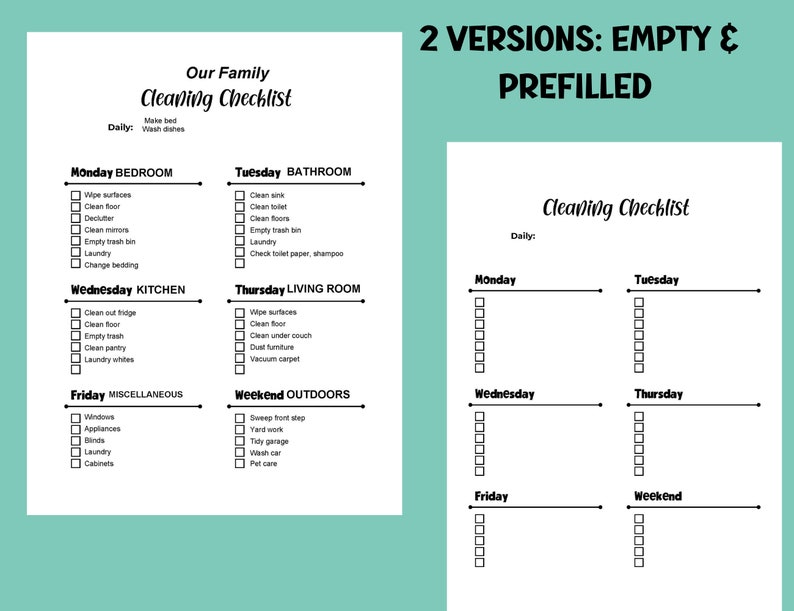 Cleaning Checklist Editable and Printable, Weekly House Cleaning ...