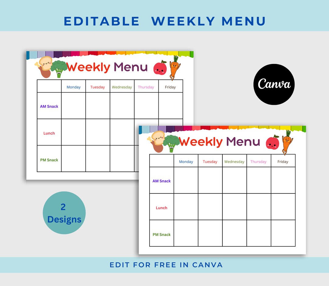 Daycare Weekly Menu Printable, Daycare Meal Menu, Editable Menu ...