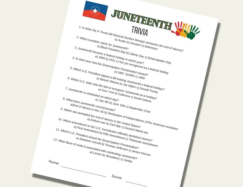 Juneteenth Trivia Game Printable, Party or School Emancipation Game ...