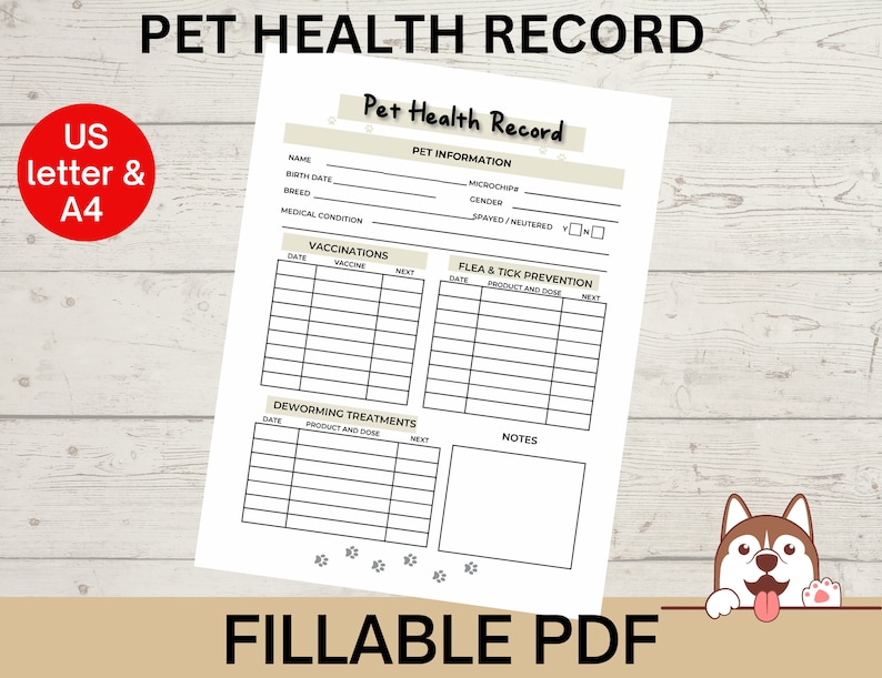 Pet Health Record Printable for New Puppy, Dog or Cat, Pet Health ...