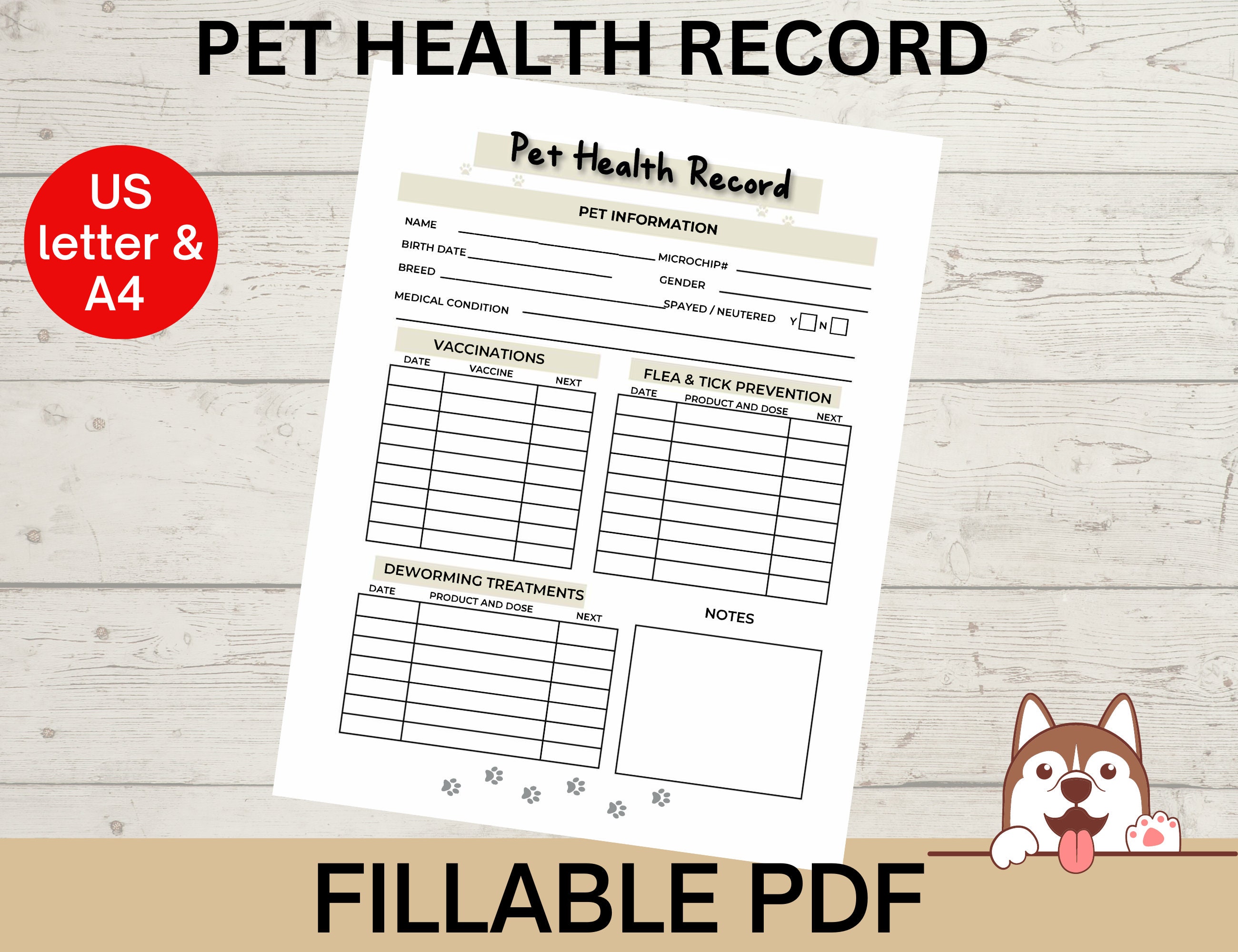 Pet Health Record Printable for New Puppy, Dog or Cat, Pet Health ...