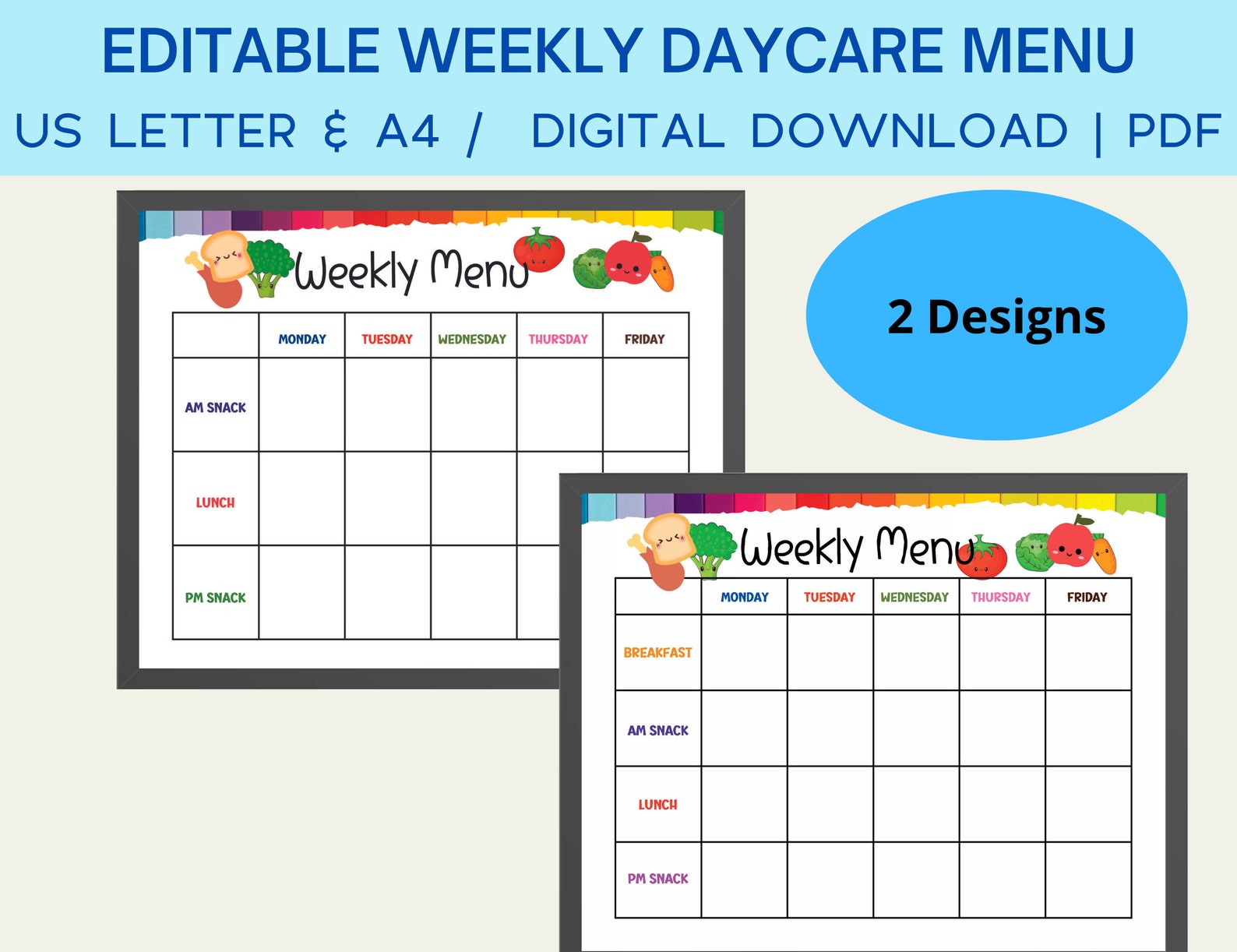 Daycare Weekly Menu Printable, Daycare Meal Menu, Editable Menu ...