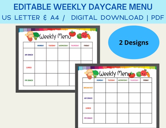Daycare Weekly Menu Printable Daycare Meal Menu Editable - Etsy