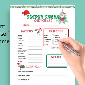 Secret Santa Questionnaire Printable, Secret Santa Form, Christmas Gift ...