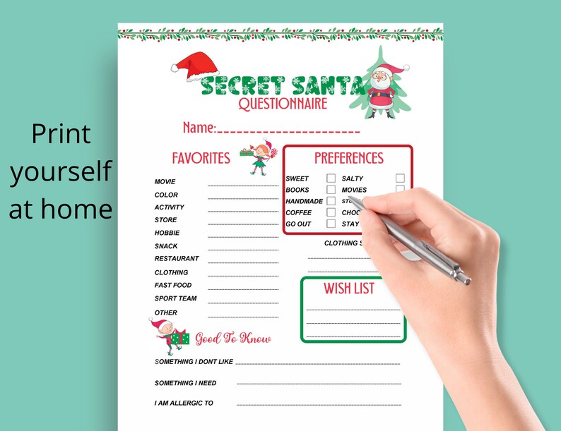 Secret Santa Questionnaire Printable, Secret Santa Form, Christmas Gift ...