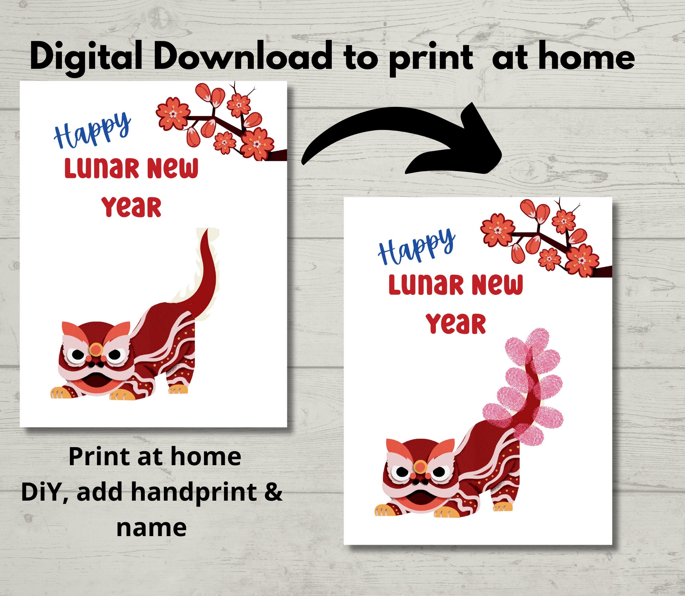 Lunar New Year Dragon Fingerprint or Handprint Card Craft Printable ...