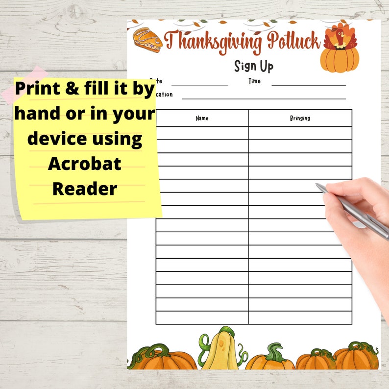 Thanksgiving Potluck Sign up Sheet Editable PDF for Office or Family ...