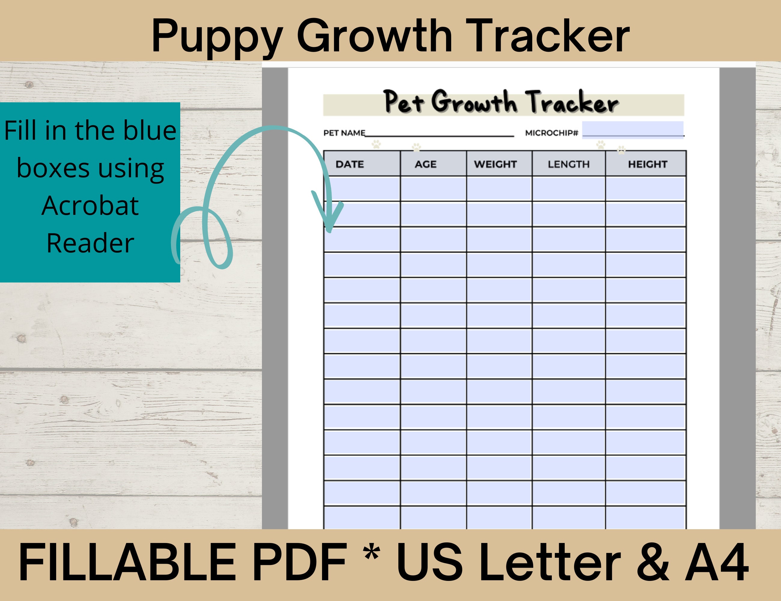 Puppy Growth Chart, Pet Growth Chart for Dog or Cat Editable, Printable ...