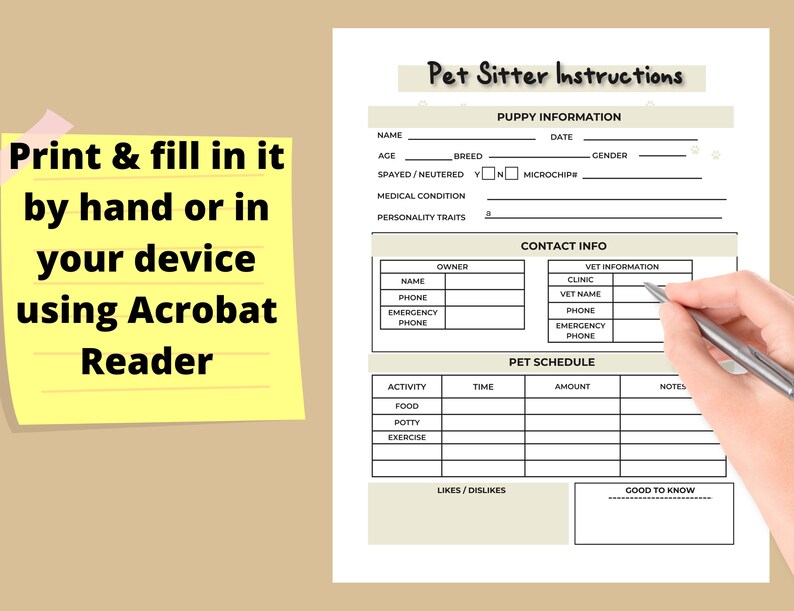 Pet Sitter Instructions Editable Printable for Dog or Cat, Includes Pet ...