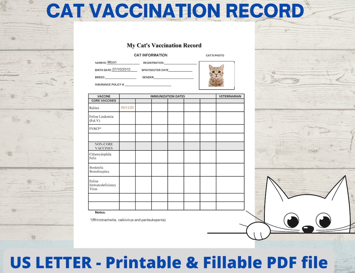 Cat Vaccination Record, Cat Health Record, Cat Shot Record, Pet Health ...