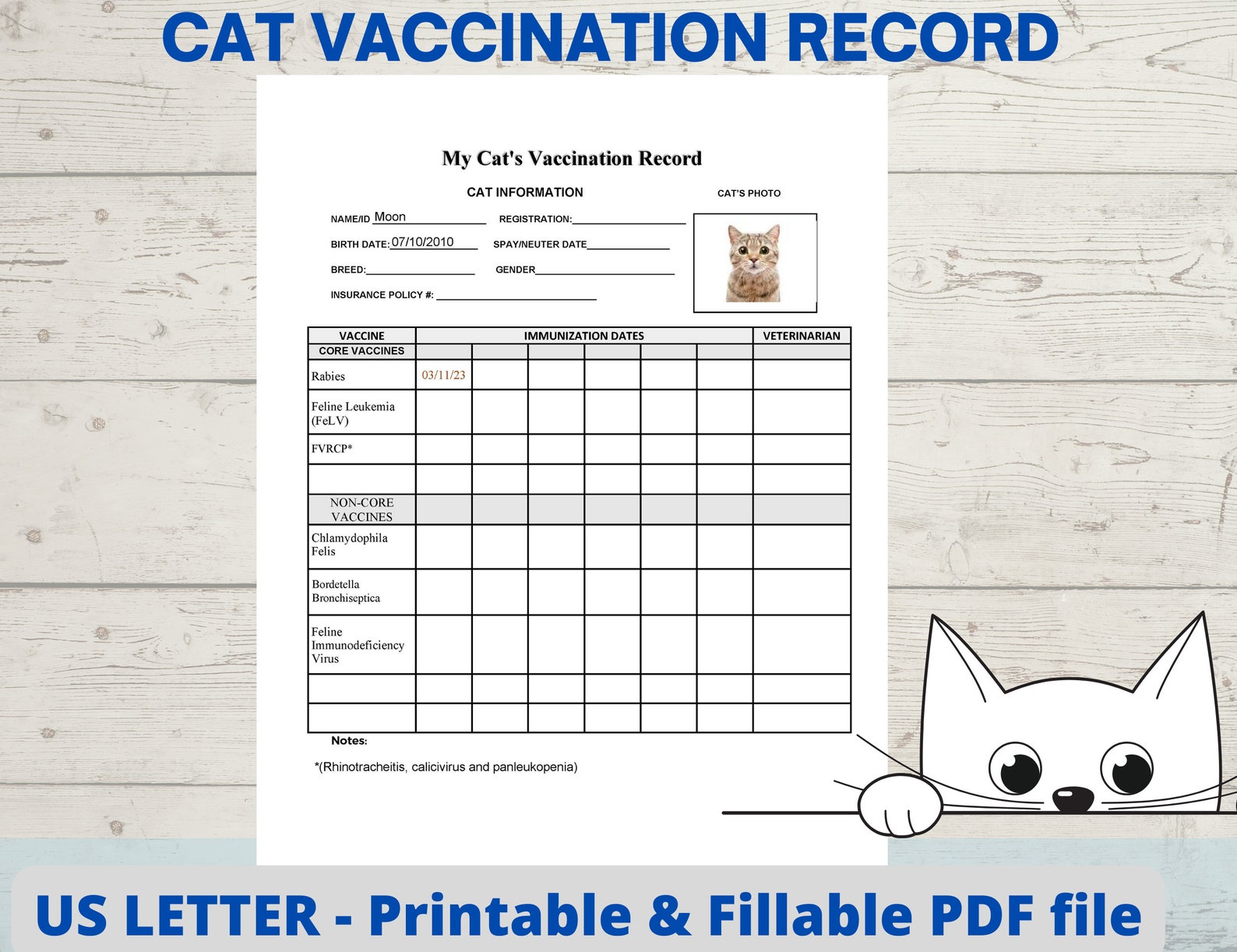 Cat Vaccination Record, Cat Health Record, Cat Shot Record, Pet Health ...