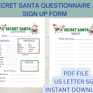 Secret Santa Questionnaire and Sign up Form Printable, Secret Santa ...