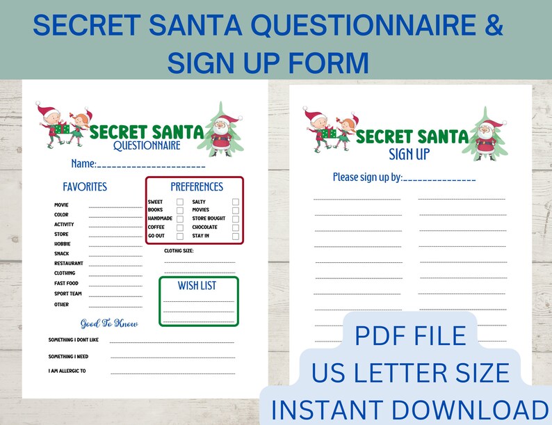 Secret Santa Questionnaire and Sign up Form Printable, Secret Santa ...