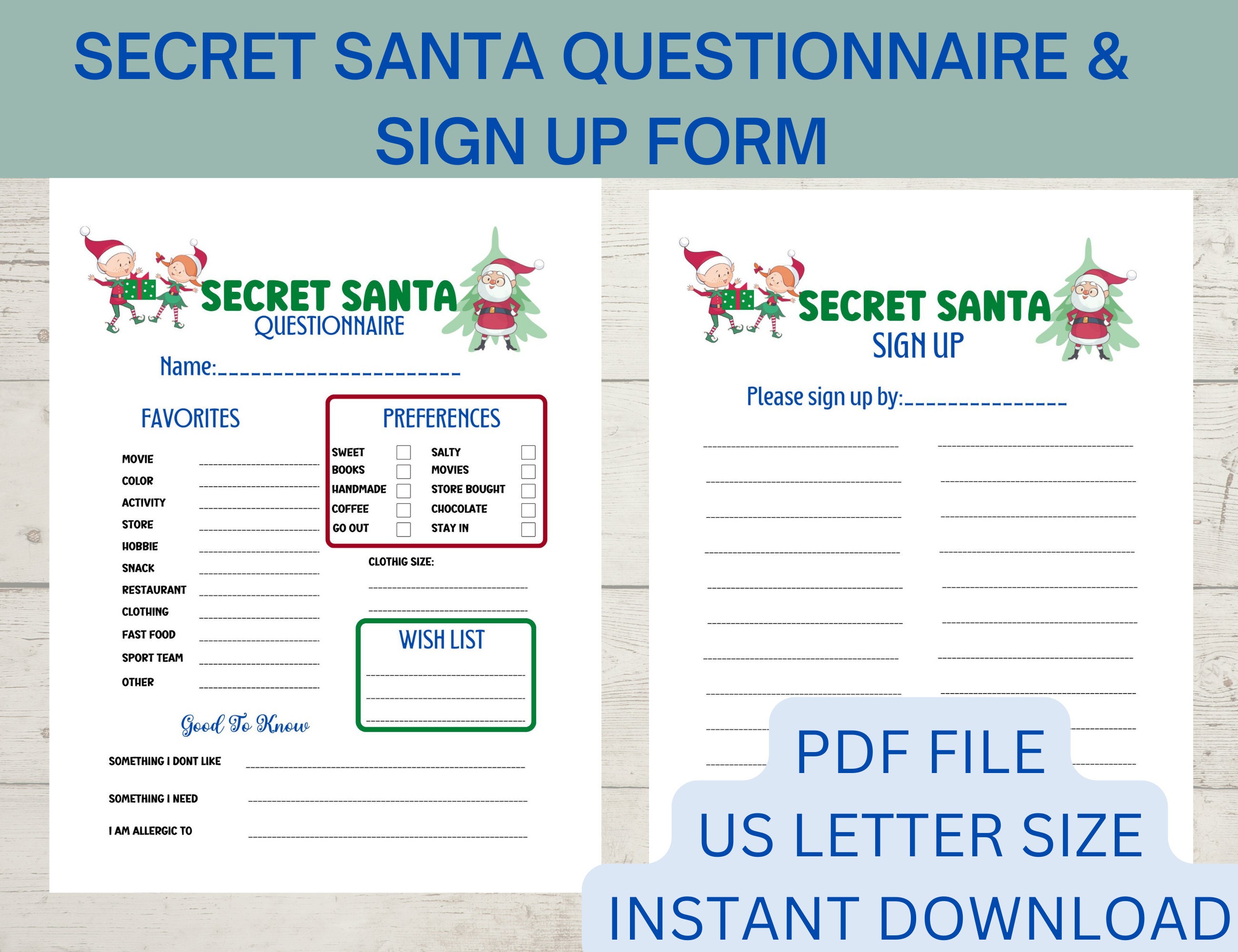 Secret Santa Questionnaire and Sign up Form Printable, Secret Santa ...