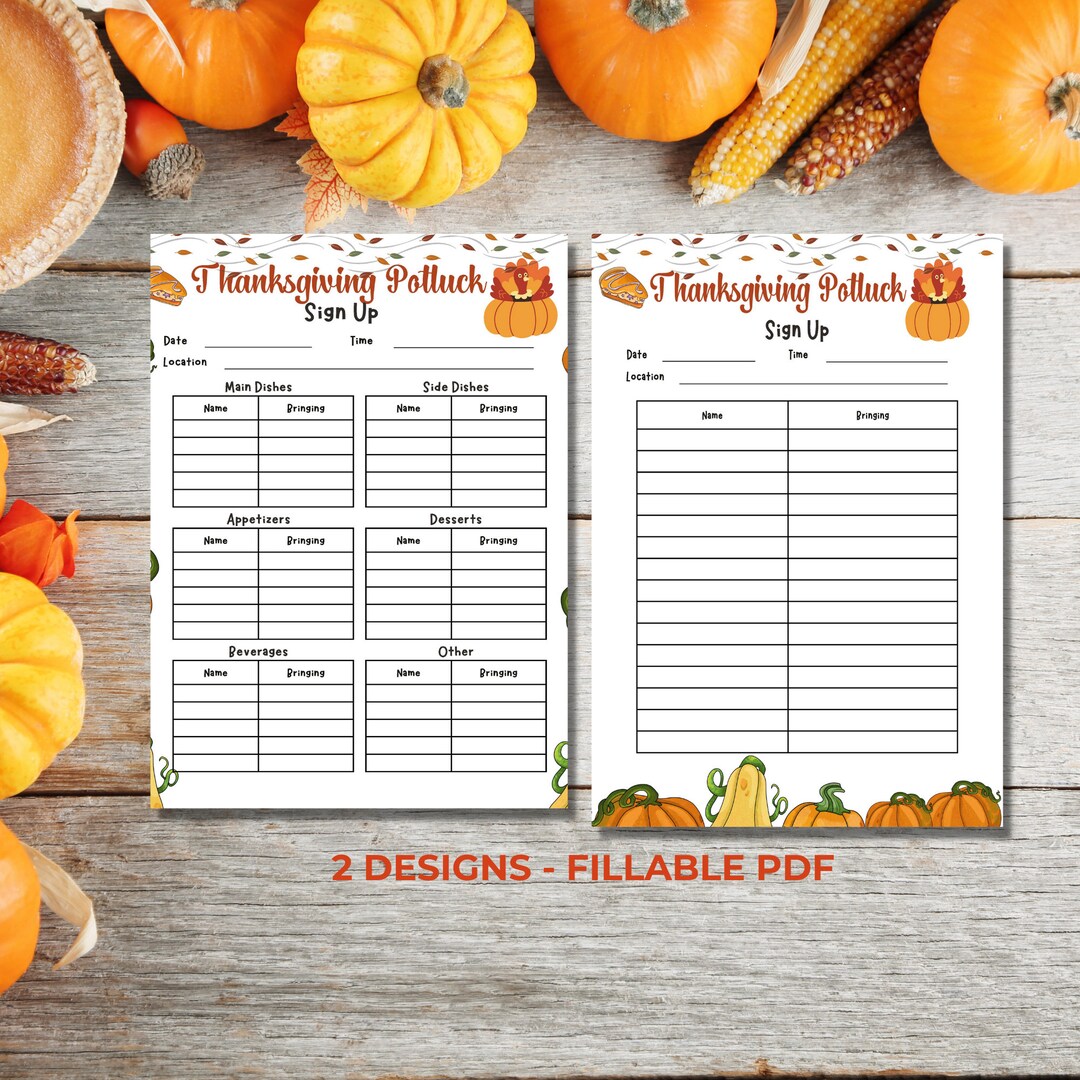 Thanksgiving Potluck Sign up Sheet Editable PDF for Office or Family ...