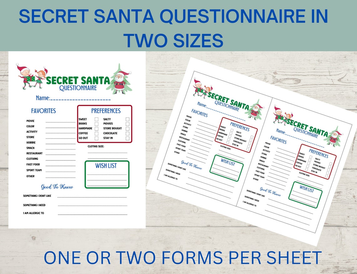 Secret Santa Questionnaire and Sign up Form Printable, Secret Santa ...