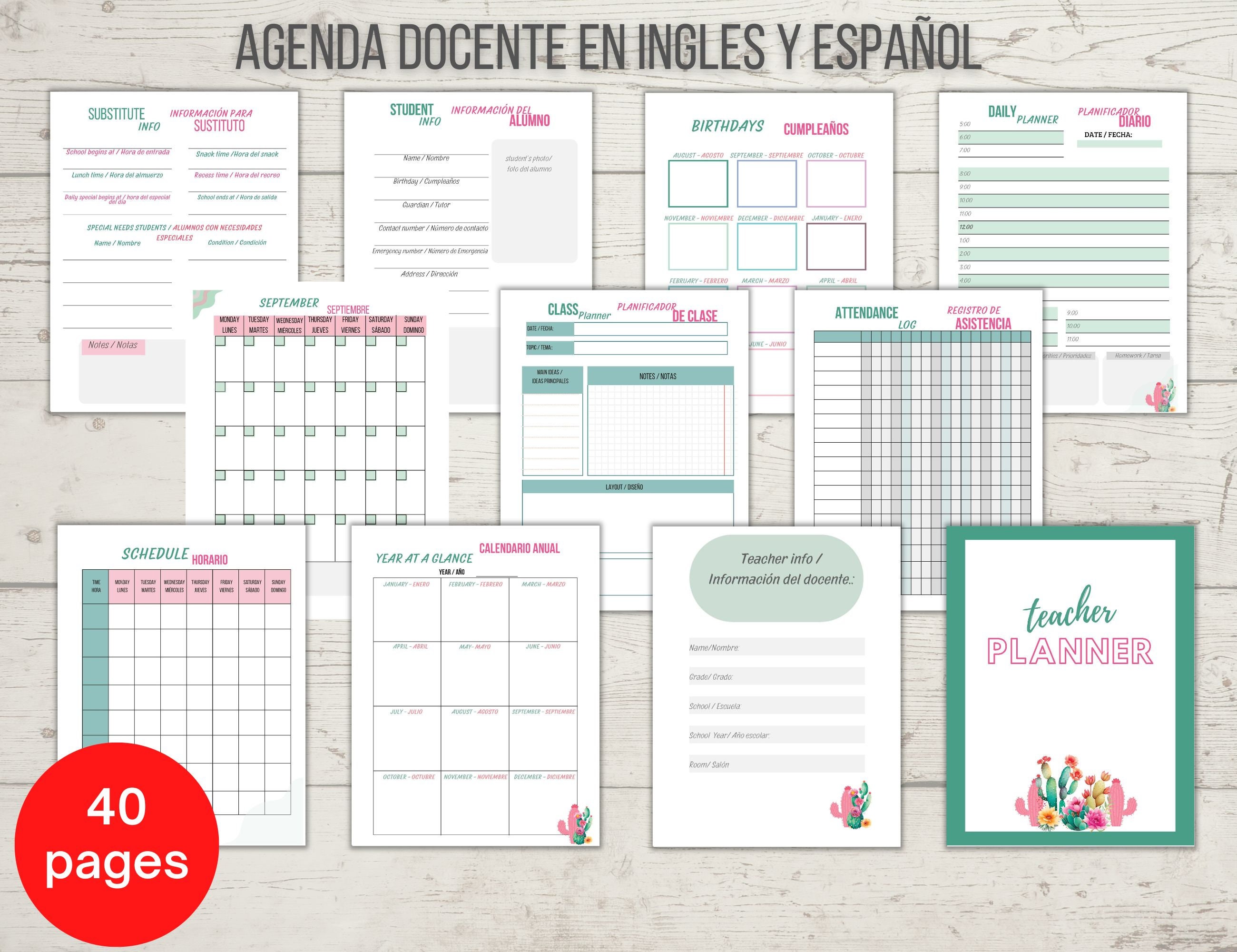 Teacher Planner Pink Cactus Printable Bilingual English Spanish - Etsy