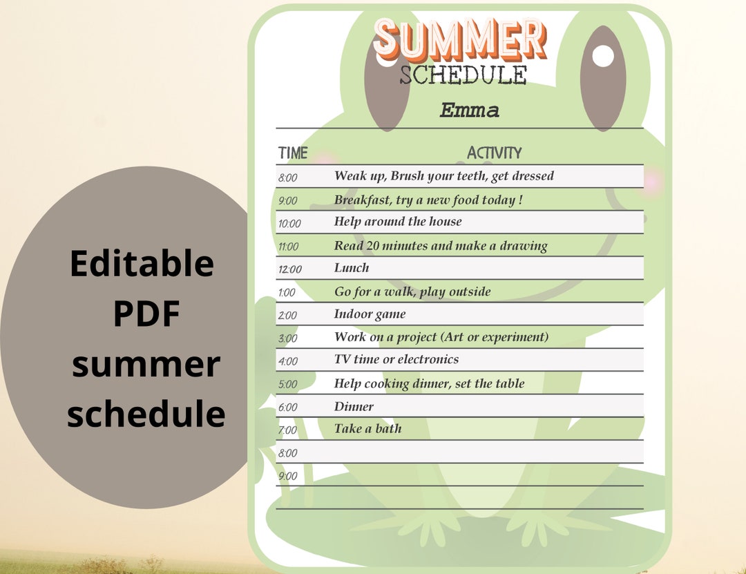 SUMMER daily schedule for kids printable with hours Summer - Etsy México
