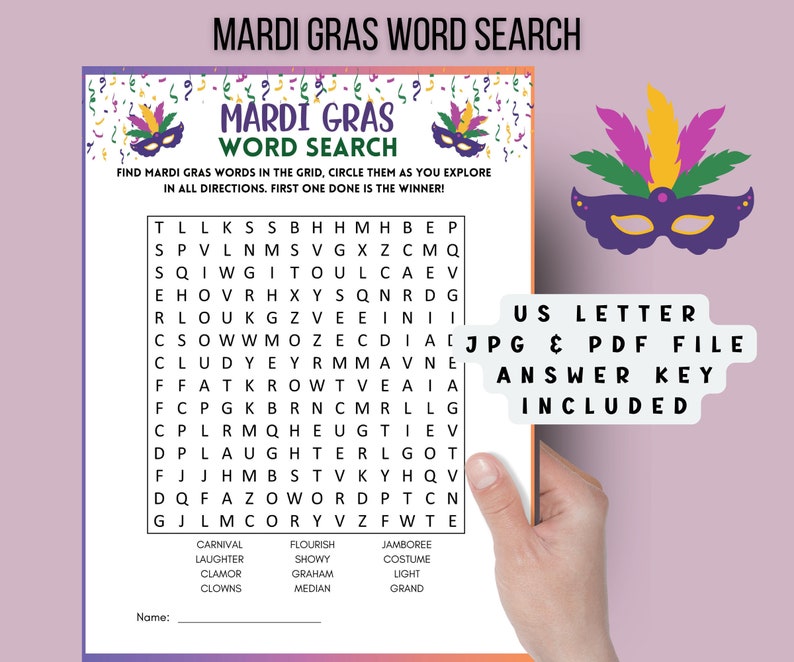 Mardi Gras Word Search Printable Game, Mardi Gras Party Game - Etsy
